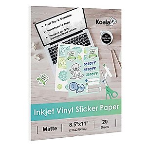 Koala Printable Vinyl Sticker Paper for Inkjet Printer - 20 Sheets Matte White Vinyl Sticker Paper, Waterproof Sticker Paper 8.5x11 Inch, Work with Cutting Machine