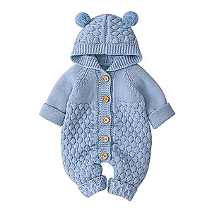 Toddler Baby Boy Girls Cartoon Bear Winter Hooded Jumpsuit Cotton Knitted Sweater Romper Long Sleeve Breasted Bodysuit Knitwear Hoodie Warm Button Coat Overalls Birthday Outfit Light Blue 0-6 Months