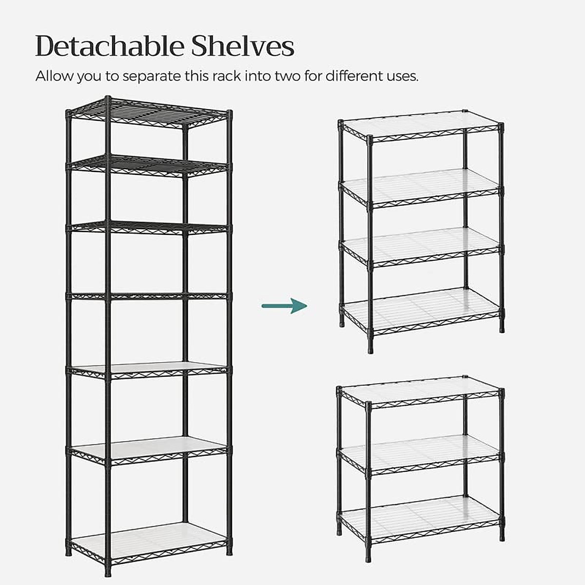 SONGMICS 7-Tier Metal Storage Shelves, Wire Shelving Unit, Adjustable Shelves, Garage Shelving, Kitchen, Living Room Storage Rack, Shelf Liners, 8 Hooks, Total Max. Load 616 lb, Black ULGR067B01