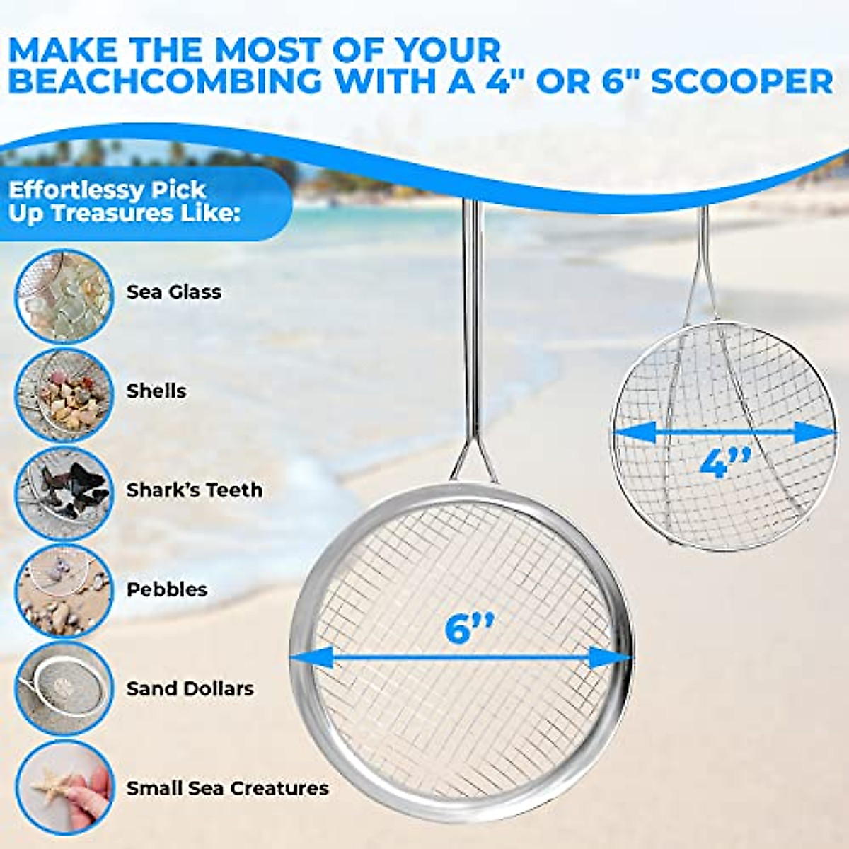 Sand Dipper Full Size Beach Scoop Shovel & Sifter Tool for Beachcombing – Adjustable Sea Glass, Shell, Shark Tooth Sifter for the Beach – Can Be Used as a Walking or Hiking Stick Too – 6”Basket (blue)