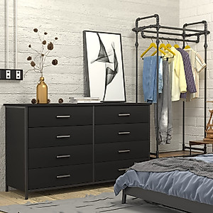 IKENO 8 Drawer Dresser for Bedroom, Industrial Wood Dresser Wide 8 Chest of Drawers, Wooden Storage Organizer Dresser with Sturdy Steel Frame (Black)