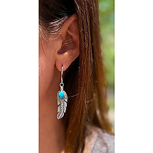 Feathers Turquoise Earrings 925 Sterling Silver & Genuine Turquoise (Turquoise)