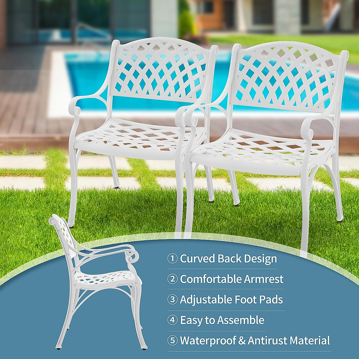 PATIO-IN Patio Chairs Set of 2, Outdoor Dining Chairs for All Weather Patio Dining Chairs Breathable Garden Outdoor Furniture for Backyard Deck, White Patio Bistro Chairs