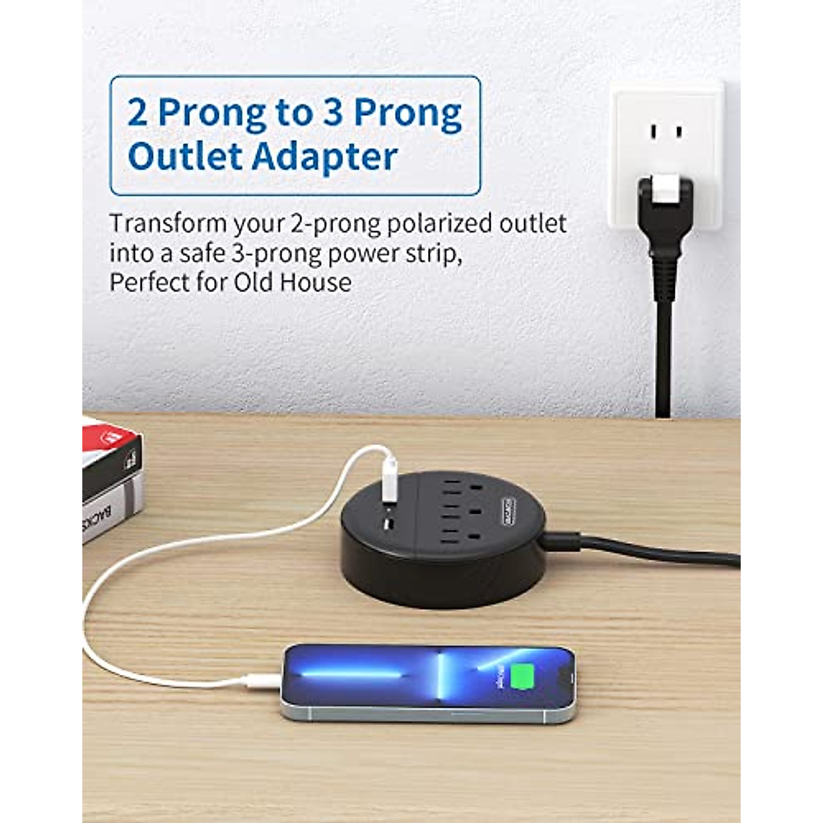 2 Prong Power Strip 10 ft & 5 ft Nightstand Power Strip with USB, 3 Outlets 3 USB Desktop Charging Station, Extension Cord with Switch Control and Phone/Tablet Holder for Home, Cruise Ship,Office