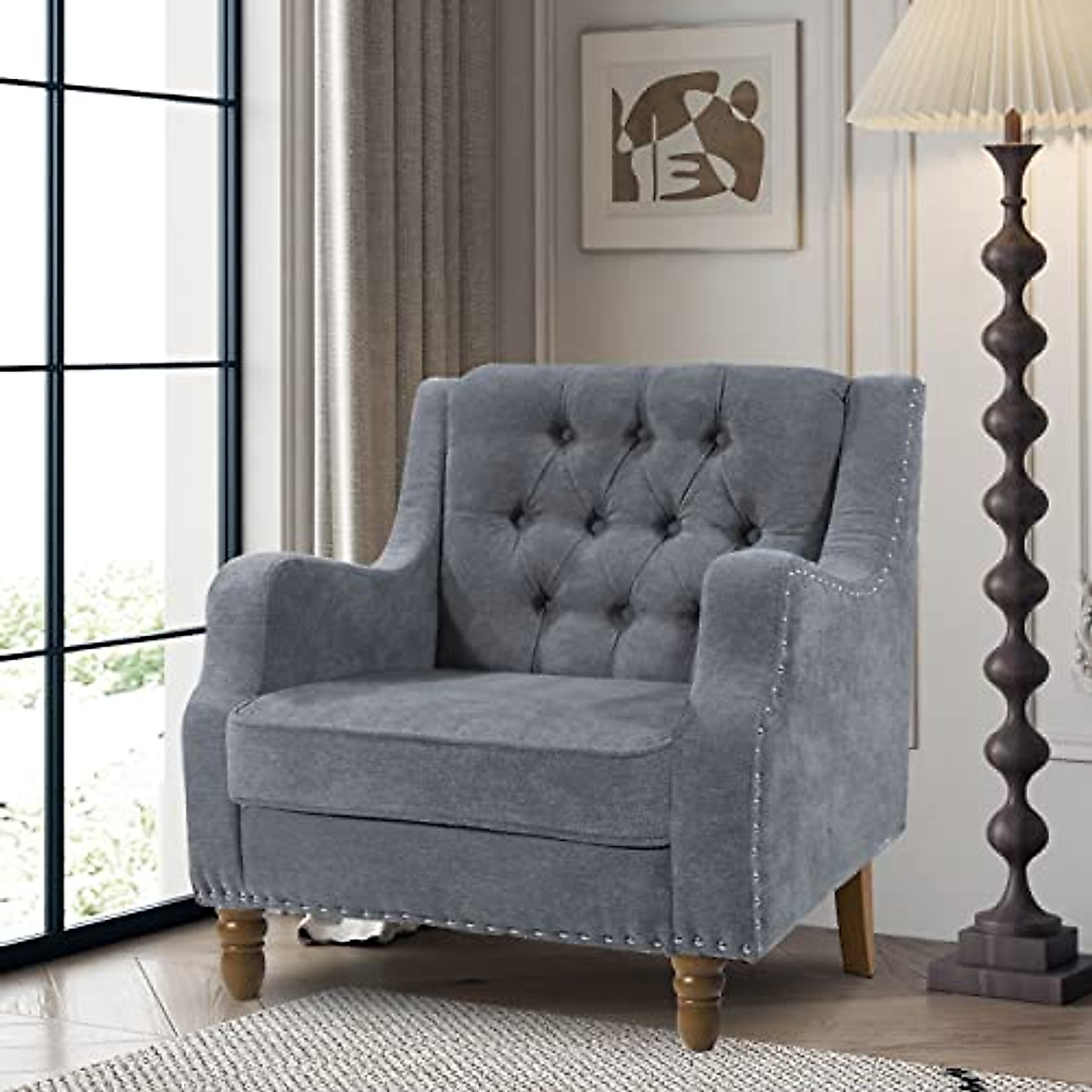 GIA Home Furniture Series Polyester Linen Armchair with Button Tufted Upholstered Accent Chair for Living Room, Reading, Bedroom, Gray