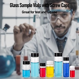 Njvial 24Pcs 7ml Small Glass Vials with Lids Lab Sample Vials Empty Refillable Perfume Travel Mini Glass Bottles with Screw Caps for Essential Oils(12Pcs Bottles with Graduated Measuring Scale)