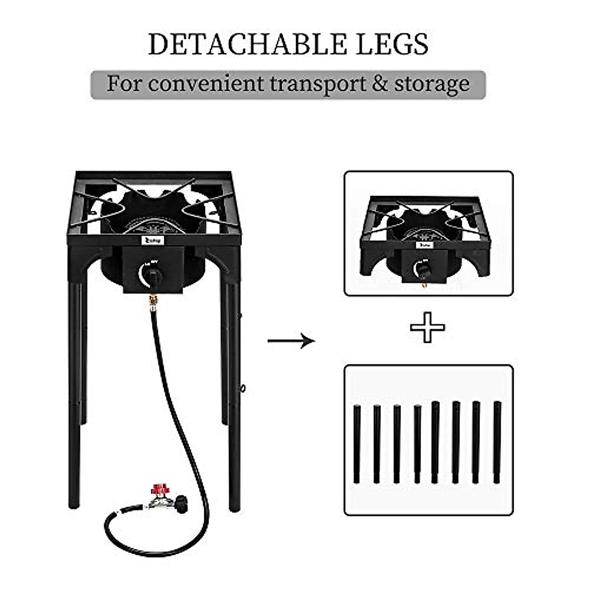 Single Propane Burner Outdoor Camp Gas Stove, High Pressure Propane Gas Cooker, Portable Cast Iron Patio Cooking Brewing Burner Detachable Legs Great for Camping, Patio, or RV