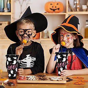 JarThenaAMCS 12Pcs Halloween Plastic Cups with Straw and Lid Cute Ghost Tumbler Boo Plastic Cups for Cold Drinks Halloween Decoration Party Favors