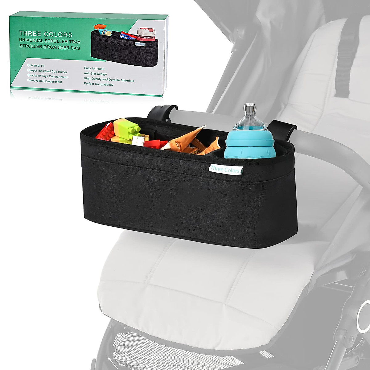 Three Colors Universal Stroller Tray, Stroller Cup Holder, Stroller Snack Tray, Stroller Accessories with Deeper Insulated Cup Holder, Upgraded Alligator Clamp Grip Firmly Stroller Bar, Black