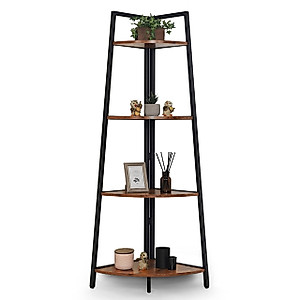 CAPHAUS Tall Corner Shelf Stand, 4-Tier Display Shelves, Ladder Corner Wood Storage Plant Bookshelf with Metal Frame, Versatile Shelving Unit Bookcase for Home Office Space, Rustic Oak