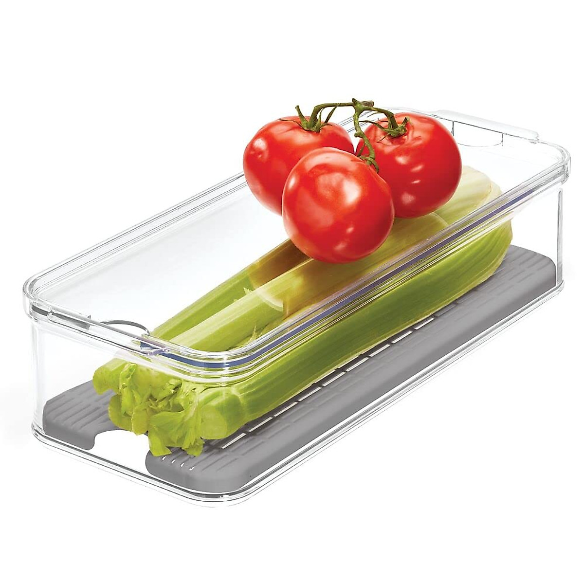 iDesign Crisp Produce Plastic Refrigerator and Modular Stacking Pantry Bin with Lid and Removable Inner Basket, Perfect for Washing Vegetables, Fruit, Lettuce, BPA Free 15.72" x 6.32" x 3.76"