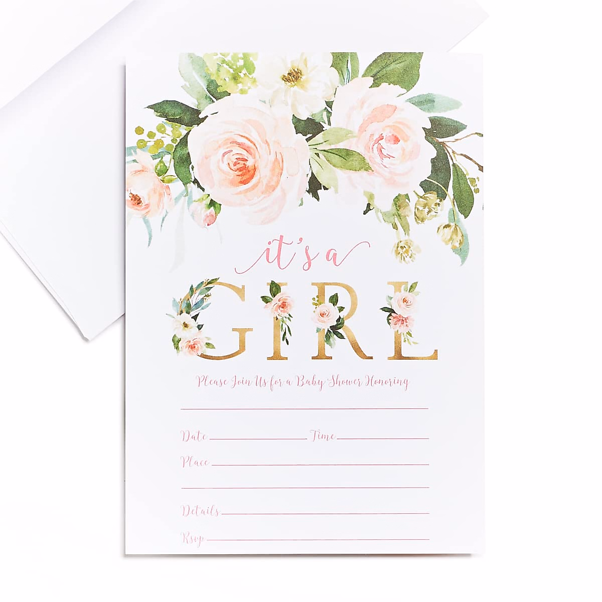All Ewired Up 25 Pink It's A Girl Baby Shower Invitations with Envelopes (Large Size 5x7) Boxed Set, Double-Sided, Boho Floral Greenery, Sprinkle, Blush Boho