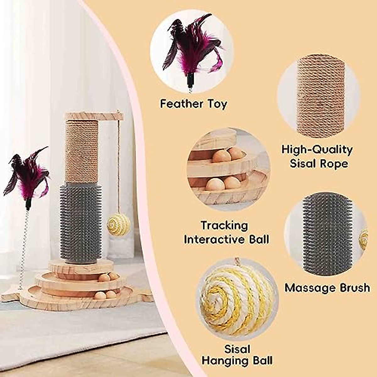 PetnFam 5in1 Sturdy Base Cat Scratching Post,Cat Scratcher Includes 6 Spare Teasing Sticks,Premium Sisal Tall Scratcher Interactive Track Toys,Massage Brush,Dangling Ball for Indoor Kittens and Cats