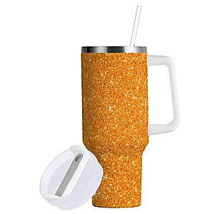 Orange Glitter 30 oz Tumbler with Handle and Straw Lid, Sparkle Insulated Coffee Cup Reusable Stainless Steel Water Bottle Travel Mug Cupholder Friendly,Gifts for Women Men