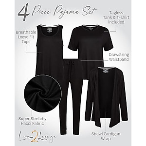 Live2Lounge Women's Pajama Set - 4 Piece Wrap Cardigan, T-Shirt, Tank Top, and Jogger Pants (S-XL), Size X-Large, Black