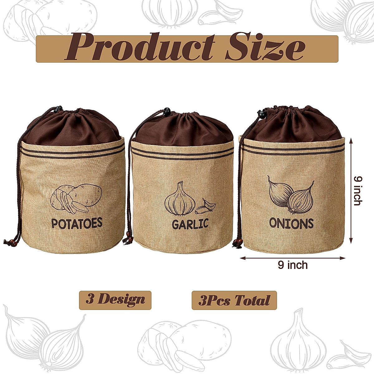 Wowangce 3 Pcs Onion Bags with Drawstring Sustainable Potato Bags with Blackout Lining Storage Farmhouse Kitchen Potato Sacks Food Potato Onion Garlic Storage Container for Pantry (Classic,Barncloth)