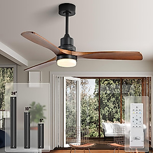 Sofucor 52 Inch Ceiling Fan with Lights Remote Control, Noiseless |Dimmable |6-Speed Outdoor Ceiling Fan with Light, Walnut 3 Blade Wood Ceiling Fan with Timer, Reversible DC Motor for Patio Bedroom