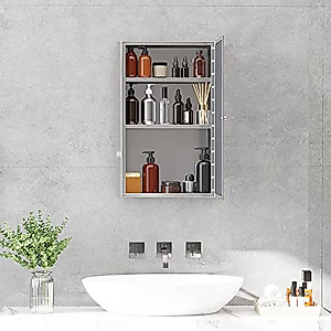 HOMCOM Bathroom Mirrored Cabinet, Vertical 16" x 24" Stainless Steel Frame Medicine Cabinet, Wall-Mounted Storage Organizer with Single Door​