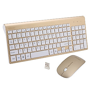 Wireless Keyboard and Mouse Combo, Haricset Full-Sized Ultra-Compact 2.4G Stable Connection Keyboard with Number Keypad and Adjustable DPI Mouse for Windows, Mac OS Office Computer (Gold)