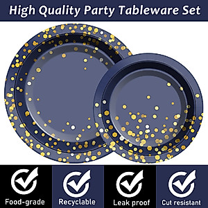 96 Pcs Blue and Gold Party Plates Napkins Tableware Set Navy Gold Dot Supplies Disposable Dinnerware Blue Birthday Party Decoration Favors for Wedding Bridal Baby Shower Graduations Party, 24 Guests