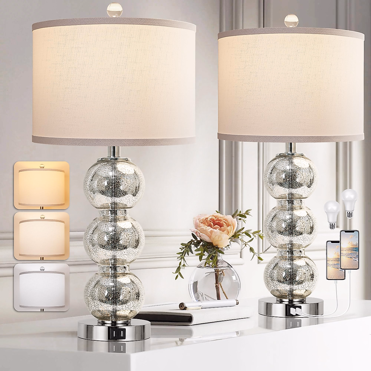 Set of 2 Table Lamps for Living Room Glass Triple-Sphere 27" Tall Table Lamp Contemporary Bedside Desk Nightstand Lamp for Bedroom Living Room Office, Mercury Silver/Chrome