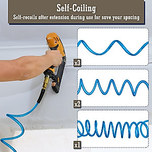 WHISPERING WONDER Polyurethane Recoil Air Hose,1/4 in x 25 ft Air Compressor Hose with Bend Restrictor, Air Hoses with 1/4 Solid Pure Copper Quick Connect Fittings and I/M Plug Kit, Blue