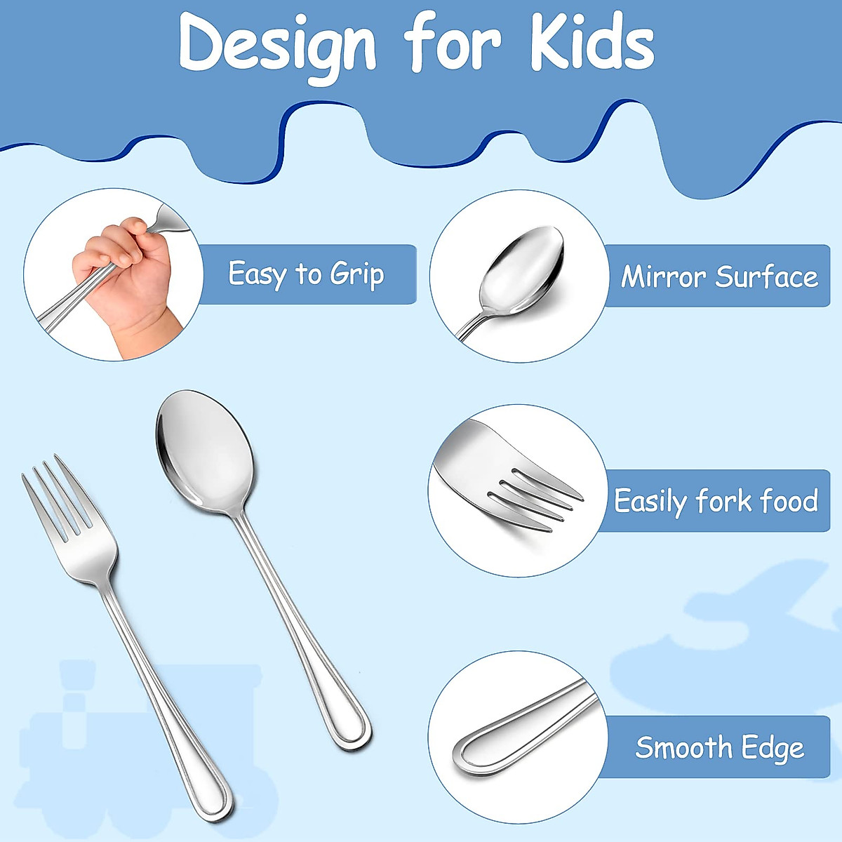 TeamFar Toddler Utensils, Stainless Steel Toddler Silverware Small Kid Cutlery Set for Self-Feeding, with Line Patterned Edge, Healthy & Non Toxic, Mirror Surface & Dishwasher Safe–3 Forks + 3 Spoons