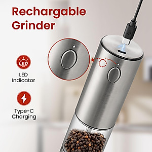 Newise Electric Salt and Pepper Grinder Set Rechargeable with Light, Automatic & Adjustable Coarseness, Kitchen Essentials, Housewarming Gifts for New Home, Stainless Steel