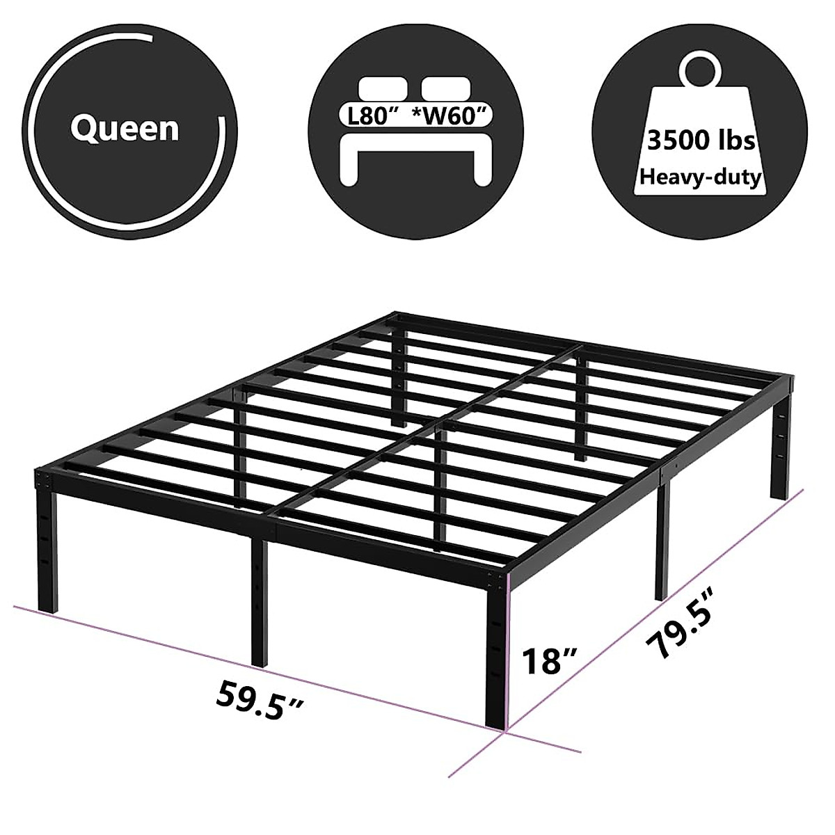 QUALEONA Bed-Frame-Queen, 18 Inch Metal Platform Queen-Size-Bed-Frame, No Box Spring Needed, Heavy Duty Steel Slat Support, Noise Free, Easy Quick Assembly, Black