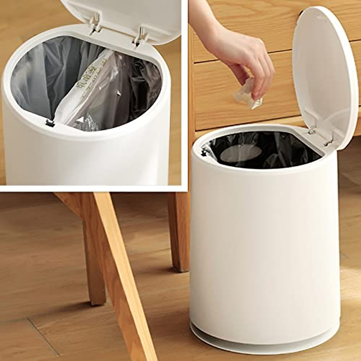 Spakoo White Trash Can Wastebasket, 2.2 Gallon/ 10L Round Sort Garbage Can Recycle Bin with Press Lid, Decorative Rubbish Container Bin for Kids Room, Bathroom, Powder Room, Kitchen