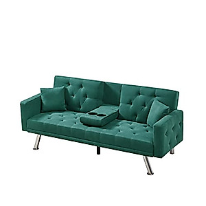 Eafurn Convertible Futon Sofa Bed, Soft Upholstered Loveseat Adjustable Sleeper Couch,Button Tufted Sofa & Couch with Removable Pillow Top Armrests and 2 Cup Holders, Green