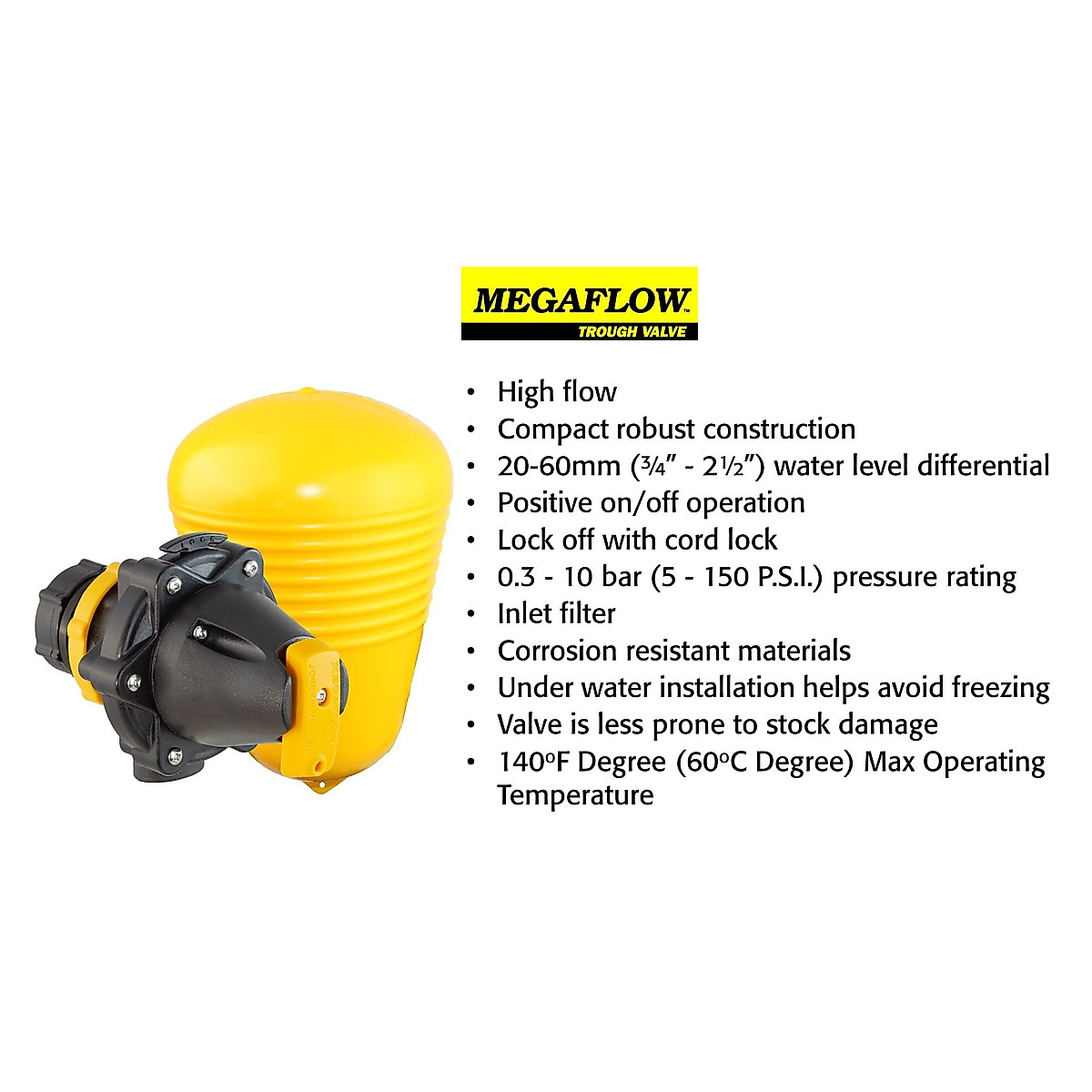 Jobe Valves J-MFV0100DLT Megaflow Trough Valve, 200L/Min, 150PSI, 1" NPT Inlet, Detach Long Tail