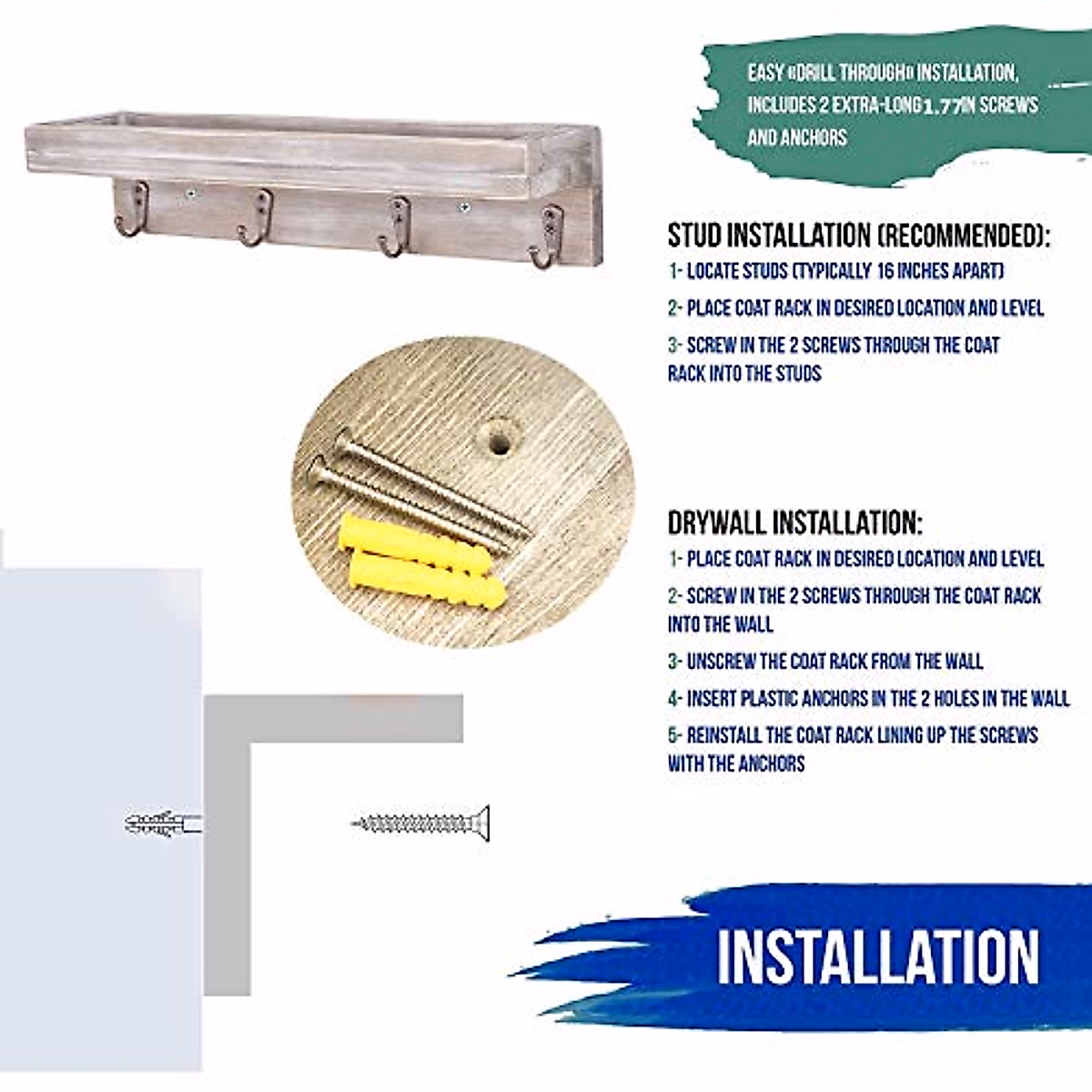 Flyisland Vintage Rustic Wood Wall Mounted Entryway Shelf with 4 Antique Metal Hooks (4 Hooks, Black)