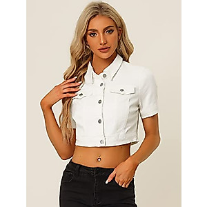 Allegra K Casual Jacket for Women's Short Sleeves Crop Jean Denim Jacket Small White