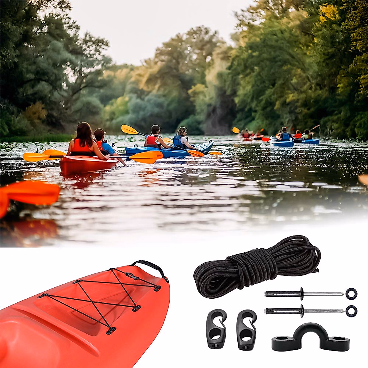 Deck Rigging Kit Accessory - 19.7 FT Bungee Cord with Deck Loops Tie Down Pad Eyes and J - Hooks and Bungee Cord Hook Screws & Rivets for Kayaks Canoes Boat