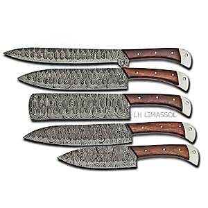 Damascus Steel Kitchen Knife Set, 5 PCS Hand Forged Chef Knife Set With Leather Roll Kit Christmas gift kitchen and Dinning