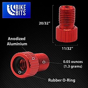 Bike Bits Presta Valve Adapter - Convert Presta to Schrader - French/UK to US - Inflate Tire Using Standard Pump or Air Compressor (5 Pack) (Red)