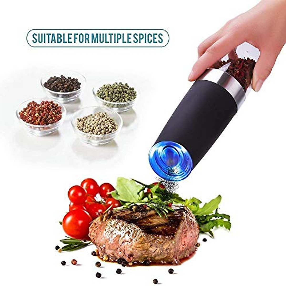 Electric gravity pepper grinder or salt grinder with adjustable thickness, automatic pepper grinder battery, with blue LED light, DLD one-hand operation, brushed stainless steel (1 piece Black)
