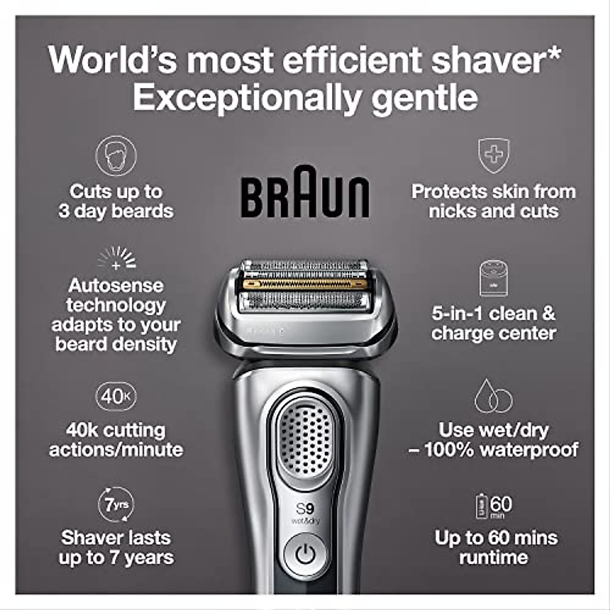 Braun Electric Razor for Men With Precision Beard Trimmer, Rechargeable, Wet & Dry Foil Shaver, Clean & Charge Station & Travel Case, Silver, 3 Piece Set
