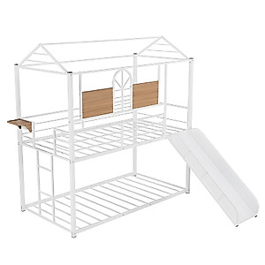 Harper & Bright Designs Bunk Bed with Slide, House Bunk Beds Metal Frame Twin Over Twin Bunk Bed for Kids Toddlers Girls Boys, White
