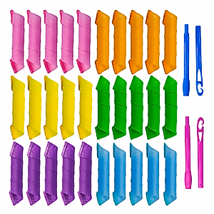 Essenergi 30pcs Heatless Hair Curlers Rollers Spiral Curls Styling Kit with 2 Sets Styling Hooks,No Heat Curlers for Women Girl's, pink, orange, blue, green, yellow and purple (12 Inch/30 cm)…