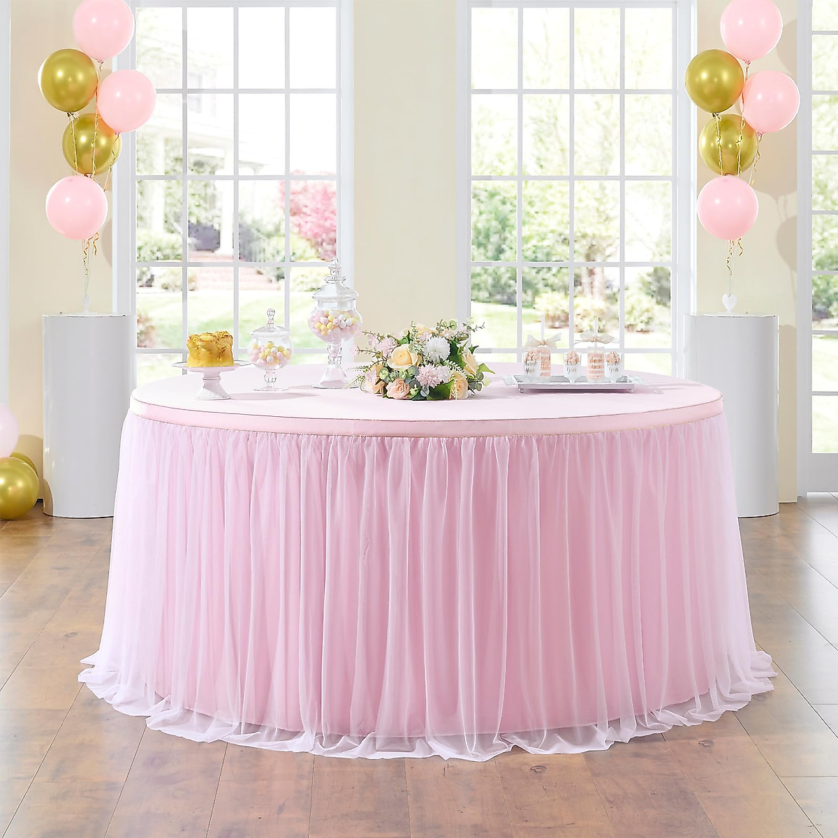 108in Baby Pink Tulle Table Skirts for Rectangle Tables 6ft 8ft 4ft, 2-Layer 9 ft Long Gold Grim Princess Pink Ruffle Tulle Tutu Table Skirt Cloth for Girl Birthday Baby Cake Dessert(No Table Cover)