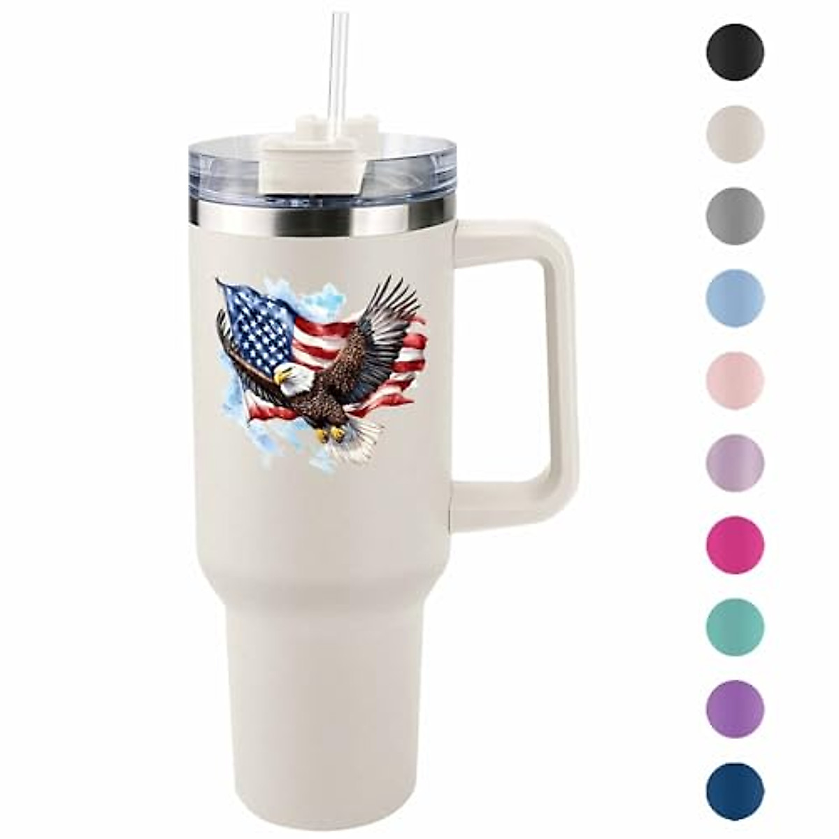 LB LEOBON 40 ounce insulated cup with handle, double-layer vacuum stainless steel material, equipped with straw, can keep warm or maintain cold drinks Eagle American Flag white