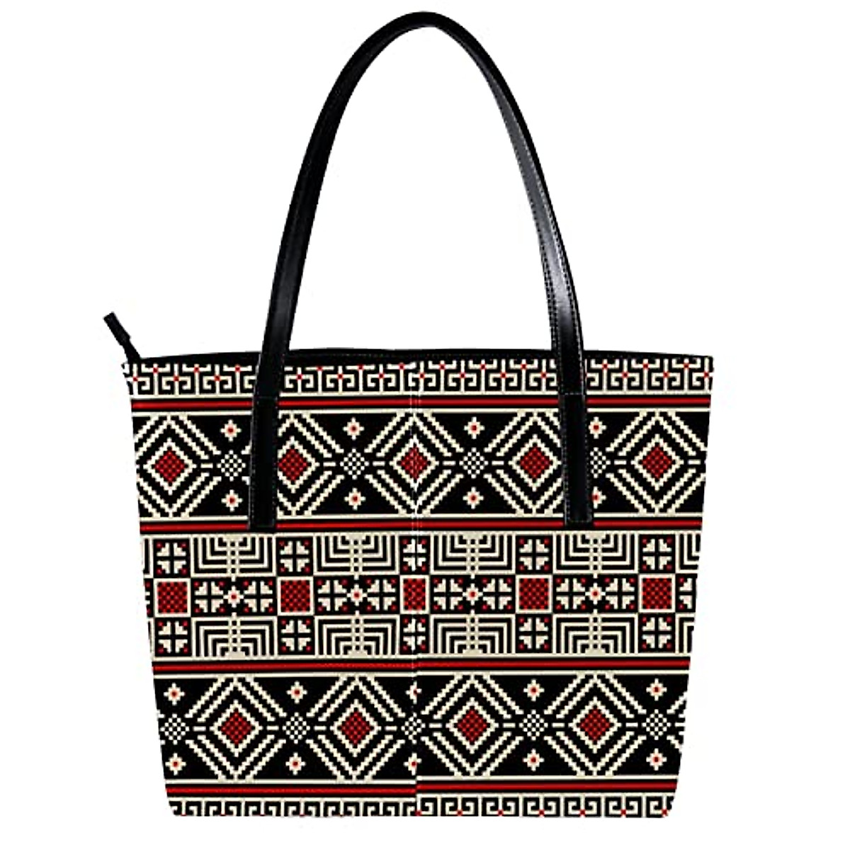 Vintage Ukrainian Floral Pattern Tote Bag for Women Girls, Leather Shoulder Bag with Inside Pockets, Zip Top Handbags