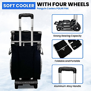 PENGUIN Coolers Polar Pak - Insulated Leakproof Portable Cooler, Waterproof Zippers - Collapsible Trolley Cooler with 4 Wheels - Removable Top & Mesh Side Pockets for Extra Storage - 72 Can Capacity