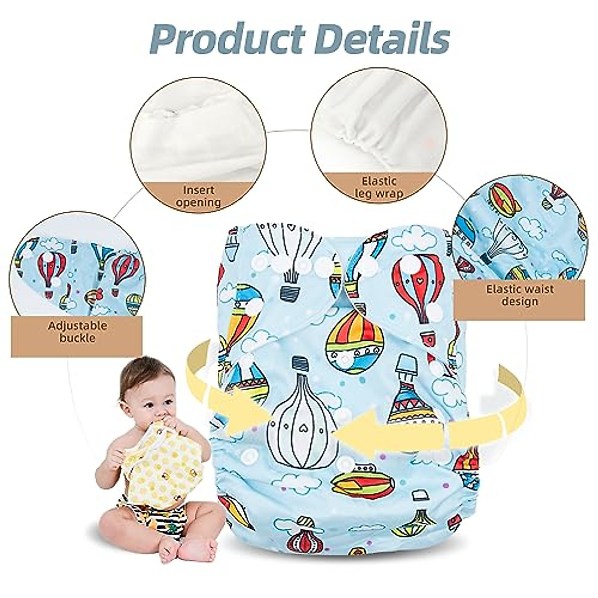 Baby Cloth Nappies for Babies 10 Pack Washable Nappies Diapers 5 Cloth Diapers & 5 Reusable Nappies Inserts Adjustable Super Absorbent Pocket Nappy for Infants (Blue Bear Balloon Flamingo)