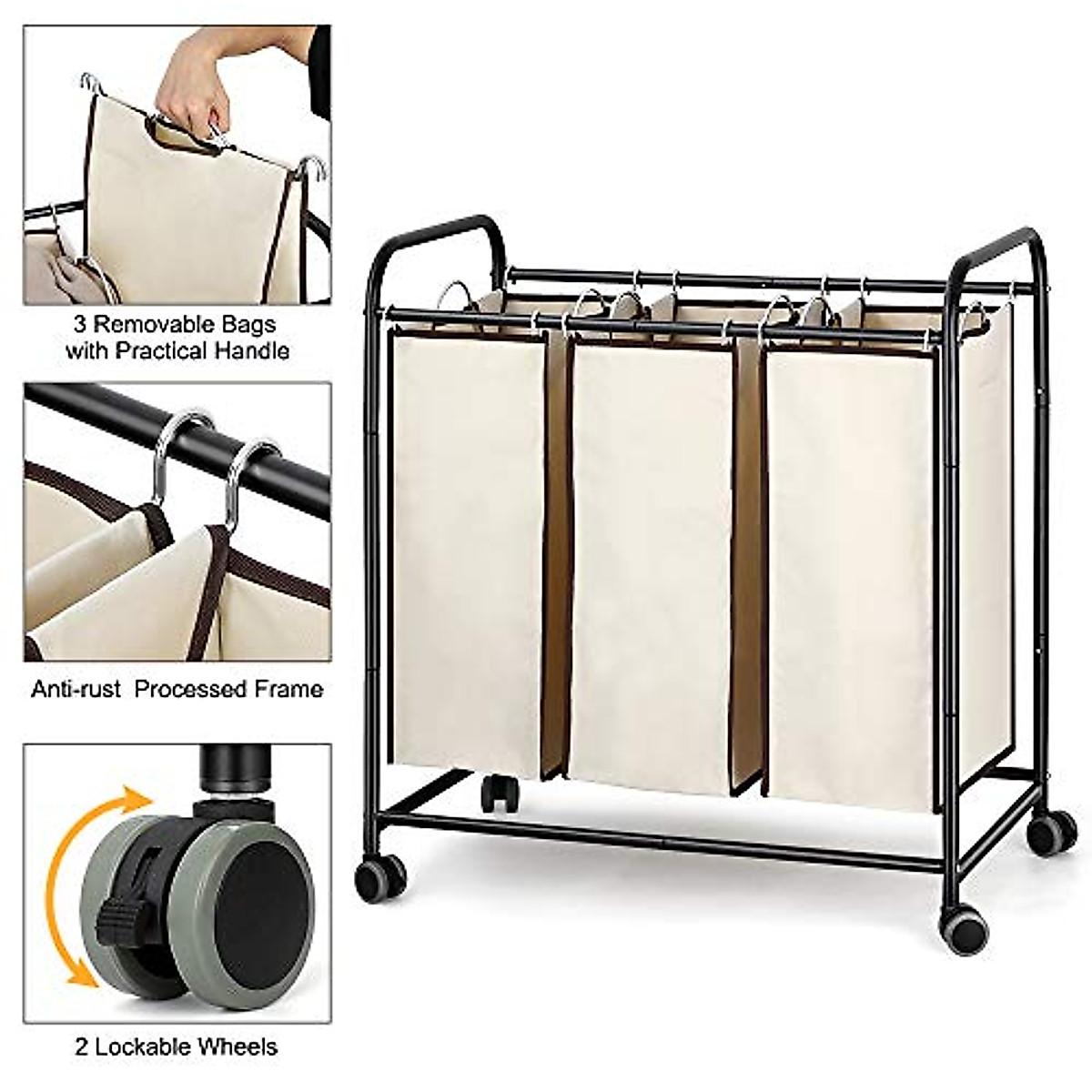 3-Bag Laundry Hamper Sorter Black 3 Section Rolling Dirty Clothing Organizer Cart, Triple Laundry Basket with Heavy Duty Lockable Wheels and Three Removable Laundry Bags, for Bathroom Living Room