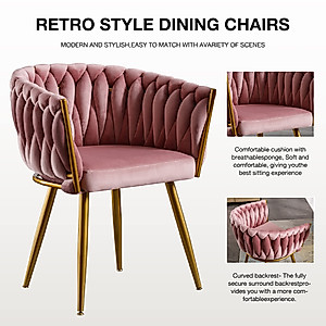 jonpony Woven Velvet Dining Chairs Set of 2, Kitchen Room Chair Living Room Chairs Upholstered Side Chair with Metal Legs Desk Chair for Dining Room Kitchen Vanity Patio, Pink