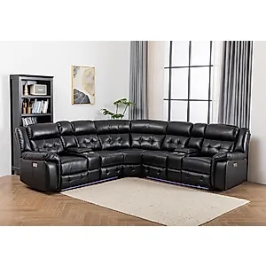 Kingway Faux Leather Recliner Couch Console Table Storage Sectional Sofa with Cup Holders LED Light for Home Theater Office Big House