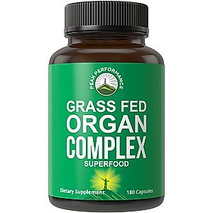 Peak Performance Grass Fed Beef Organ Complex from New Zealand (180 Capsules) Desiccated Organs Superfood Pills. GrassFed Beef Liver Capsules with Heart, Kidney, Pancreas, Spleen. Supplement